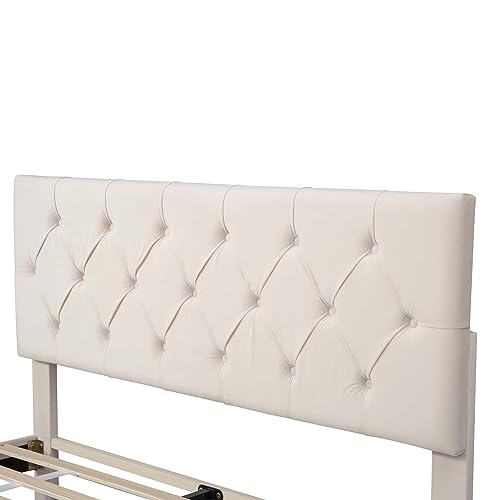 Queen Size Velvet Upholstered Platform Bed Frame with Headboard & Storage Drawer, Platform Bed with Sturdy Wooden Slats Support, No Box Spring Needed for Bedroom Small living Space (Beige, Queen)