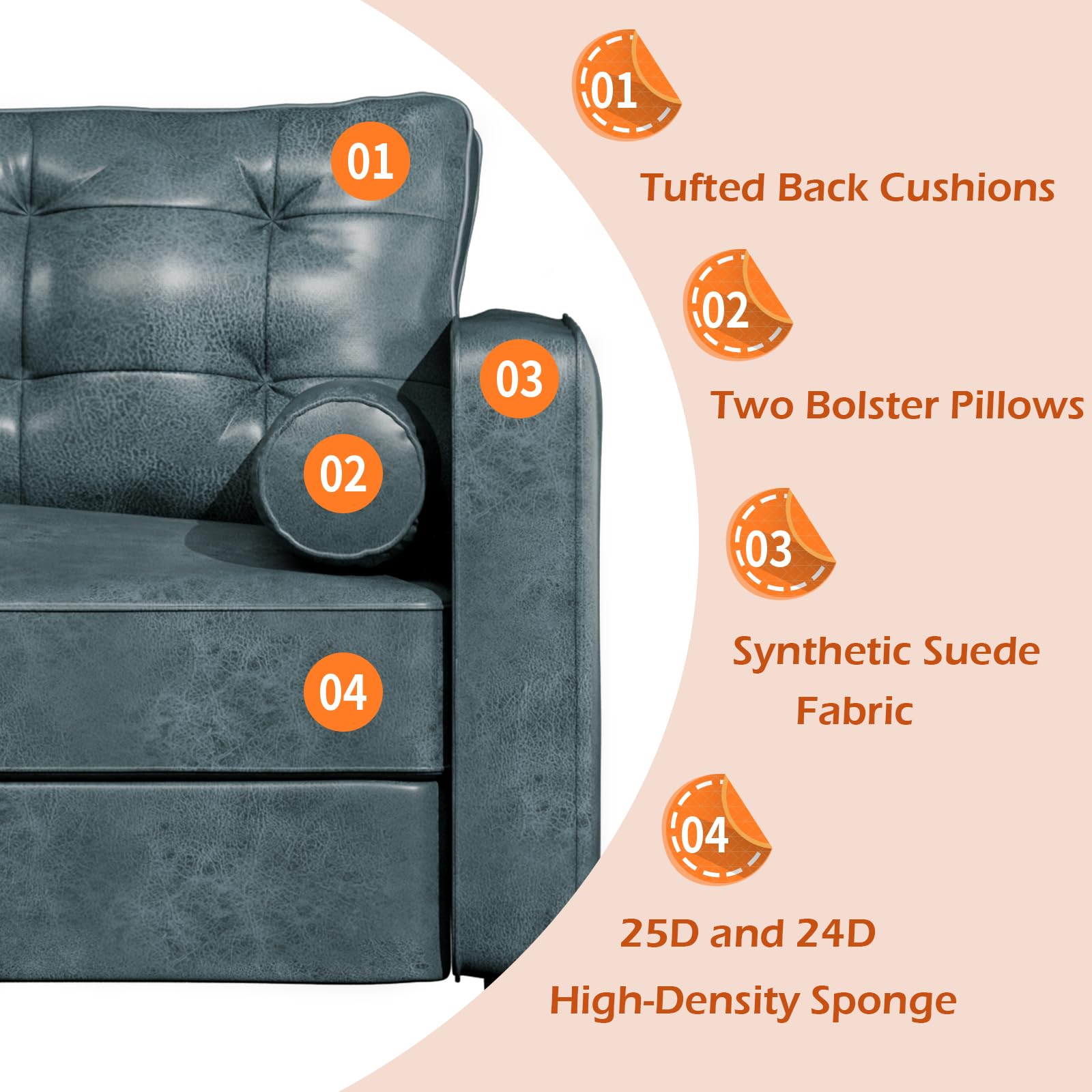 YODOLLA 84.2" Faux Leather Sofa Couch, Mid-Century Modern Sofa with 2 Bolster Pillows, 3 Seats Sofa Vintage Couch for Living Room, Studio and More, Blue