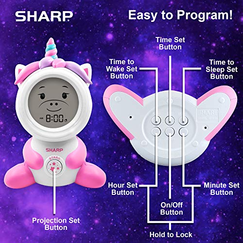 Sharp Ready to Wake Unicorn Sleep Trainer, Kid’s Alarm Clock for Ready to Rise, Ceiling Projection Nightlight and “Off-to-Bed” Feature – Simple to Set and Use! Pink, White