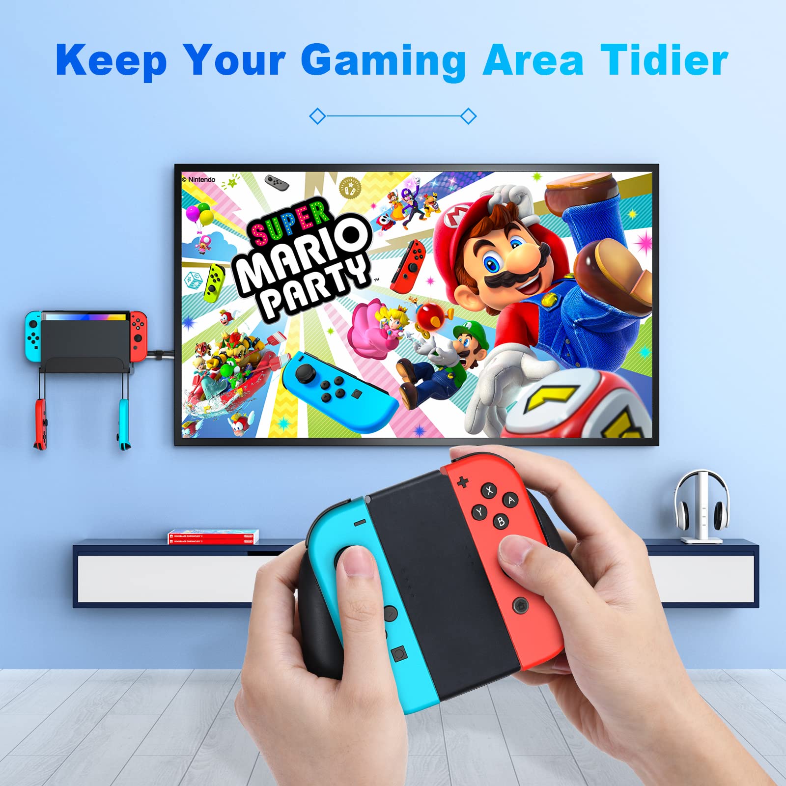 MoKo Wall Mount for Nintendo Switch/Switch OLED, Metal Wall Mount Bracket with Joy-Con Hooks, Airflow Gap Design Fast Heat Dissipation, Safely Store Your Switch Near or Behind TV, Black