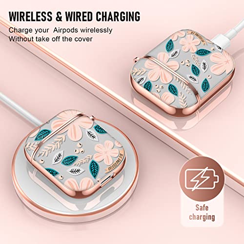 Youskin Airpod 1st&2nd Generation Case Flower Cute,AirPod 1&2 Case, Rose Golden Plating Airpods 2&1 Case for Men Women with Keychain,Shockproof Protective Case for AirPod 2 & 1,Blue Pink Flower