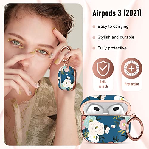 Youskin Airpod 3rd Generation Case Flower Cute,AirPod 3 Case Cover, Rose Golden Plating Airpods 3 Case for Men Women with Keychain,Shockproof Protective Case for AirPod 3,Blue Red Flower