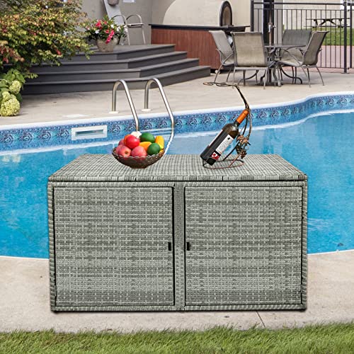 Outdoor 110 Gallon Rattan Deck Box, Wicker Patio Storage Cabinet Waterproof Storage Double Openable Door Cabinet Rattan Storage Deck Box with Lid and Separate Storage Shelf for Garden, Patio, Porch, Yard, can Store Cushions, Tools, Toys,Gray