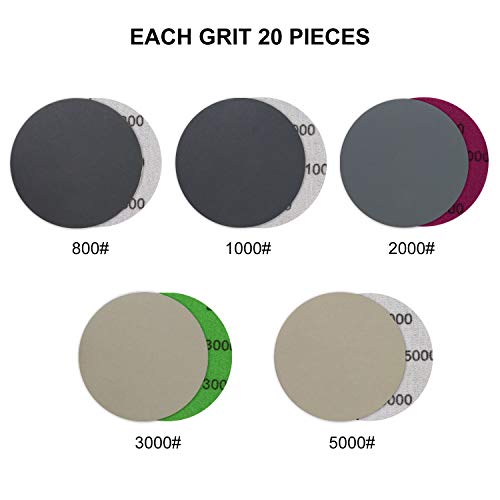 POLIWELL 3 Inch (75mm) Assorted 800/1000/2000/3000/5000 Grit High Performance Heavy Duty Silicon Carbide Wet/Dry Hook & Loop Sanding Discs with 1/4 inch Shank Sanding Pad + Foam Buffering Pad, 100PCS