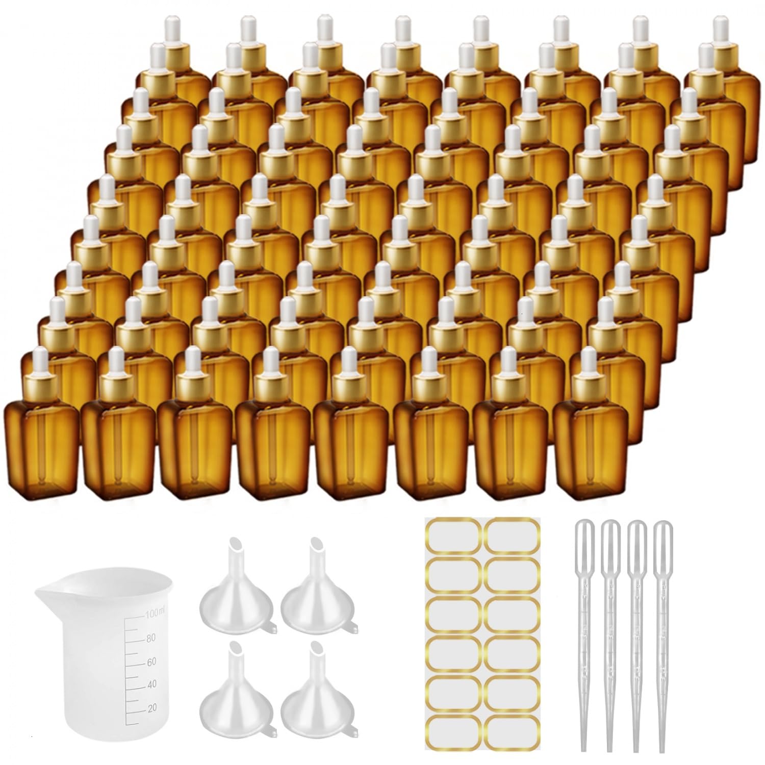 Yoken 72pack Square Dropper Bottle 1 oz Glass Bottles with Dropper Clear Eye Dropper Bottle for Essential Oils - 30ml Leakproof Tincture Bottles with Gold Cap, Silicone Measuring Cup, Funnel and Label
