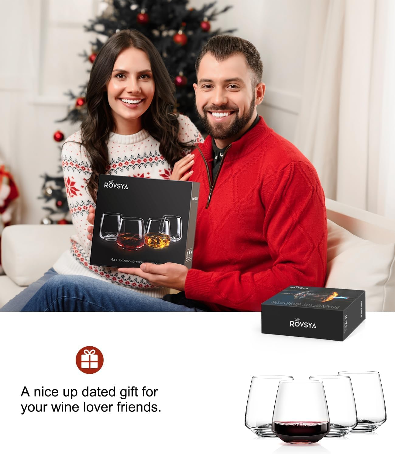 Stemless Wine Glasses Set of 4-13.5oz,Hand Blown Red White Wine Glasses - Unique gifts for him/her for Birthday, Wedding, Christmas, father's day, anniversary