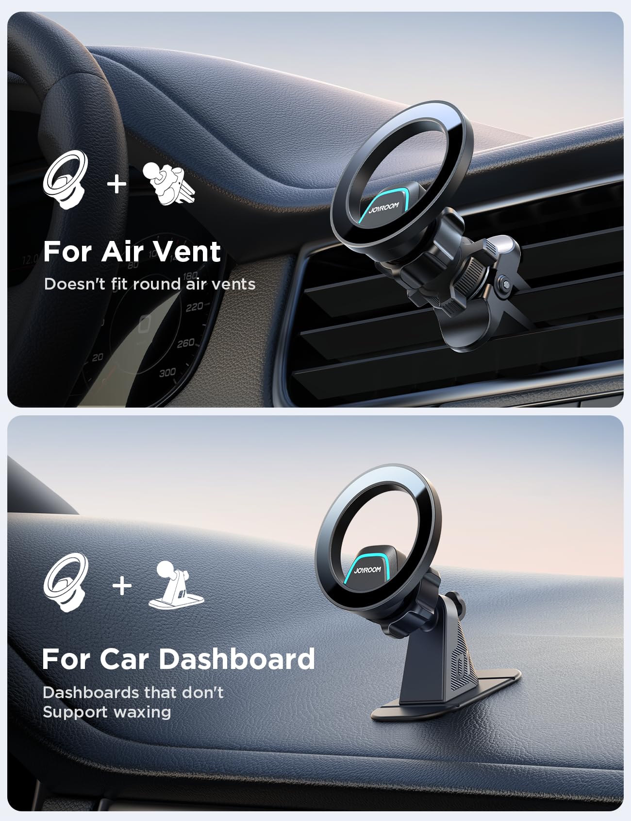 JOYROOM Fits MagSafe Car Mount, [Dashboard & Air Vent] 2 in 1 Super Stable Magnetic Car Phone Mount Fit for iPhone 15 14 13 12 Pro Max Plus Mini & MagSafe Case & All Phone