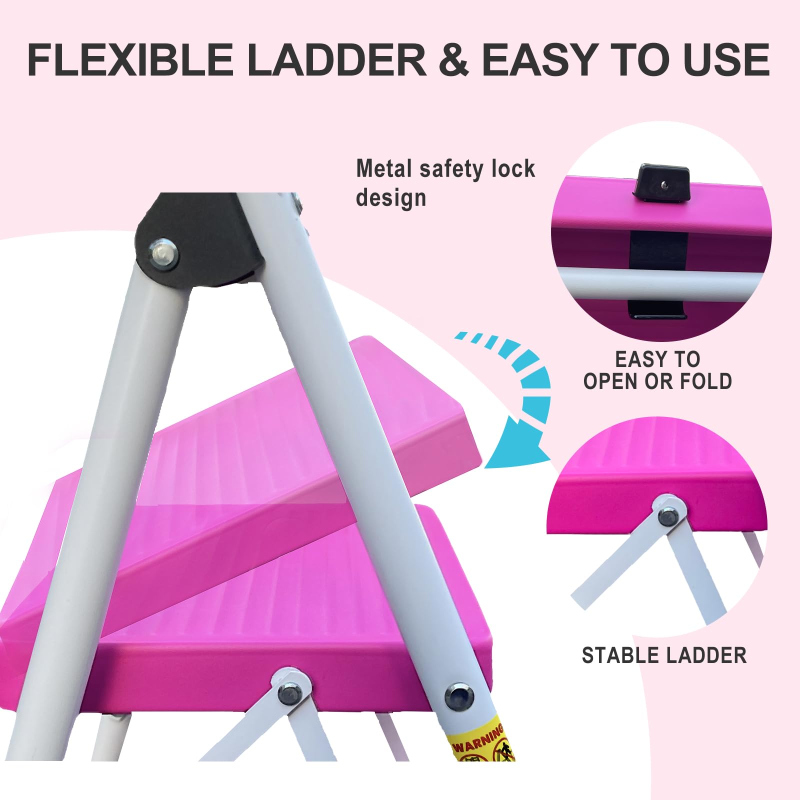 Step Ladder Folding 2 Step Stool Adult with Wide & Anti-Slip Pedals Ergonomic Portable Steel Ladder for Household, Kitchen, Office 330LBS (Pink, 2 Step)