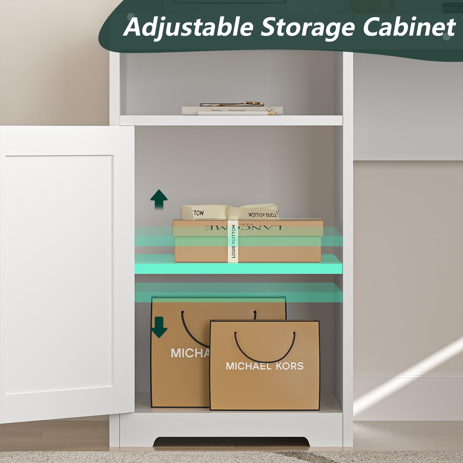 YOMILUVE 59" Farmhouse L Shaped Desk with Drawers & Storage Shelf, Corner Computer Desk with Power Outlets for Home Office, Executive Desk with Printer Shelf, White