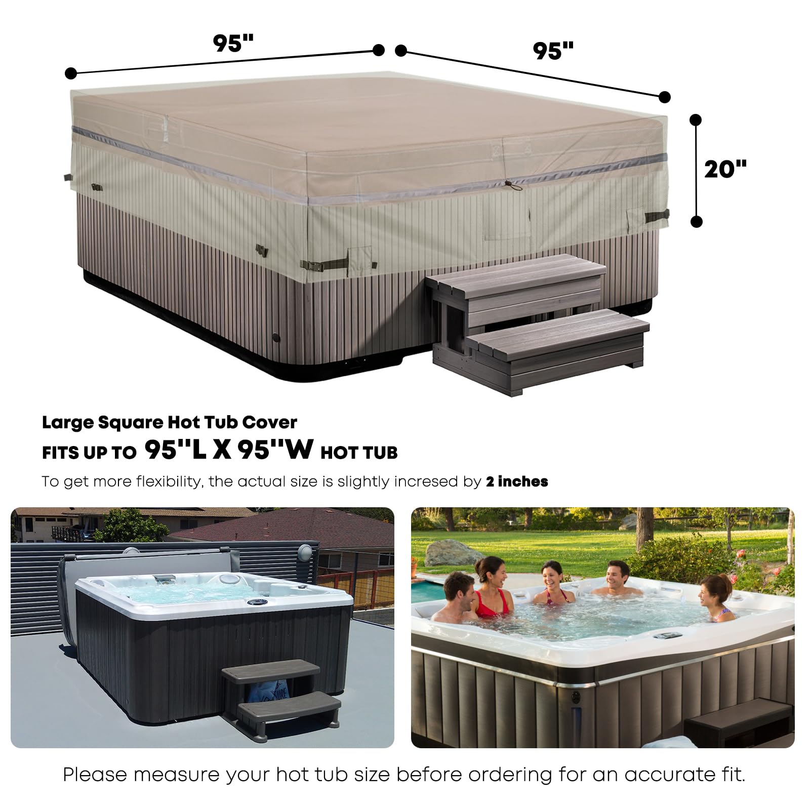 PatioGem Hot Tub Cover Protector, Outdoor SPA Covers for Hot Tub, Heavy Duty 600D Polyester Waterproof UV Protection Hot Tub Covers Replacement, Square SPA Cover Protector 95 x 95 x 20 inch, Grey