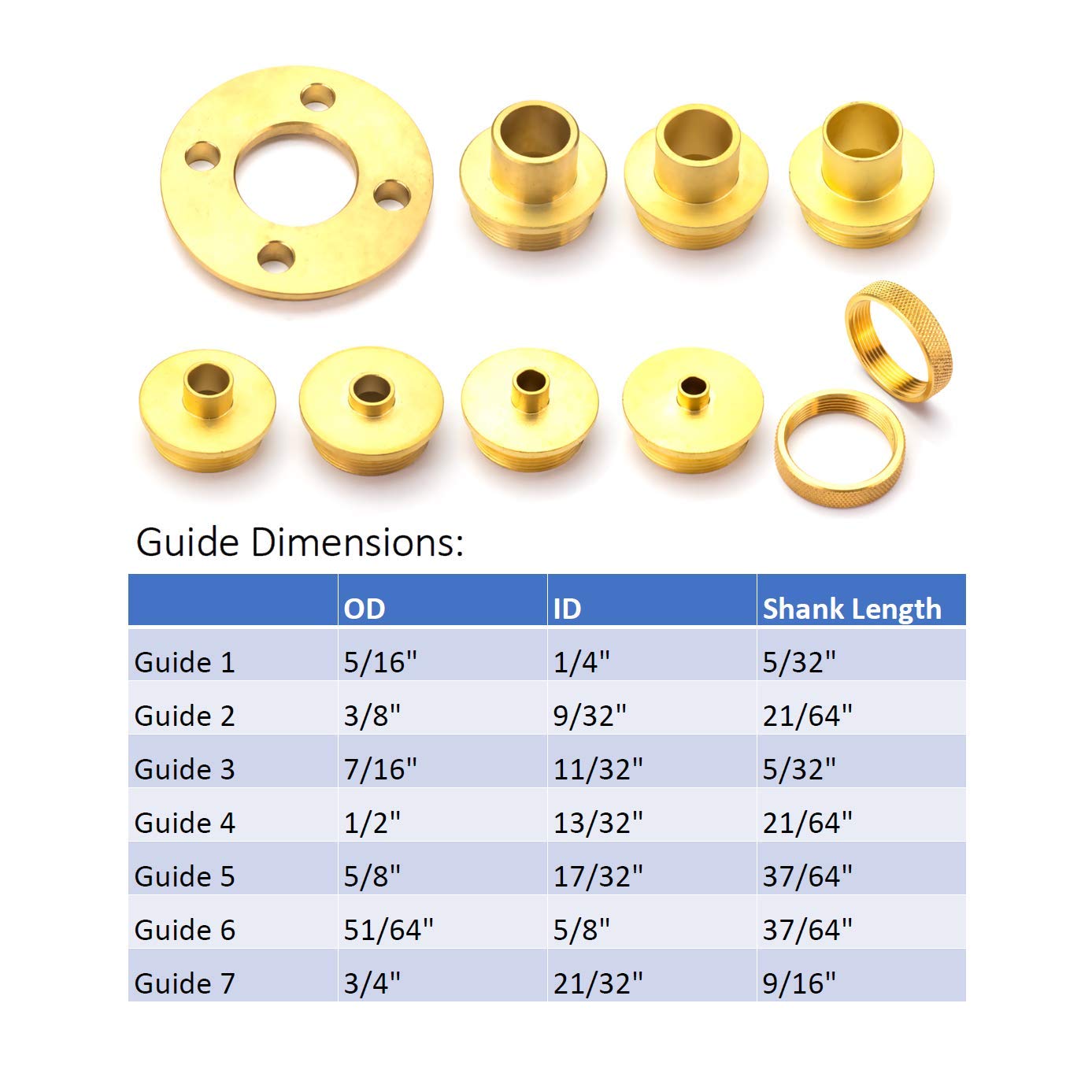 POWERTEC 71220 10 Piece Solid Brass Template Guide Kit with Adaptor | CNC Precision Ground | Router Guide for Templates | Includes 7 Router Guides and 2 Lock Nuts and Adaptor