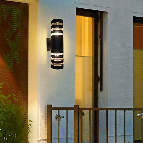 Outdoor Wall Sconce Porch Cylinder Light, Modern Exterior Up and Down Wall Light Waterproof with Aluminum of Matte Black Finish and Toughened Glass for Patio, Garage, E27 Base