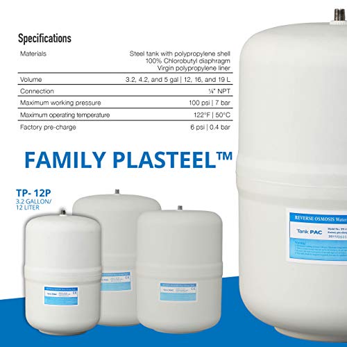 Plasteel Reverse Osmosis White Water Storage Tank 3.2 Gallon, ¼” NPT SS, Pre-Charge 6 psi
