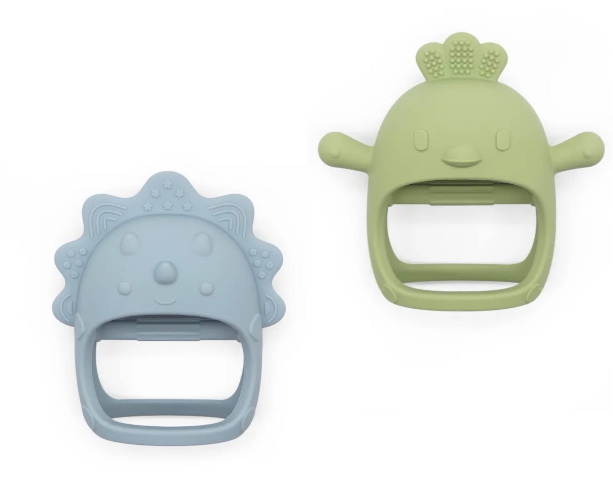 MOMMYS BABY Silicone Baby Teether Set, Infants Chew Mitten, Pain Relief for Sore Gums, Soothing 2 in 1| Olive Green Chick, Dusty Blue Triceratops | Anti-Drop with Handle for Easy Grip