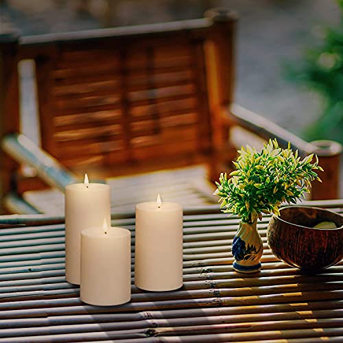 Outdoor Ivory Flameless Candles with Timer: LED Pillar Candle Set of 3, Waterproof Patio Decor, Battery Operated, Remote Control Included, Realistic Flickering Warm White Light - 3x4 3x5 & 3x6