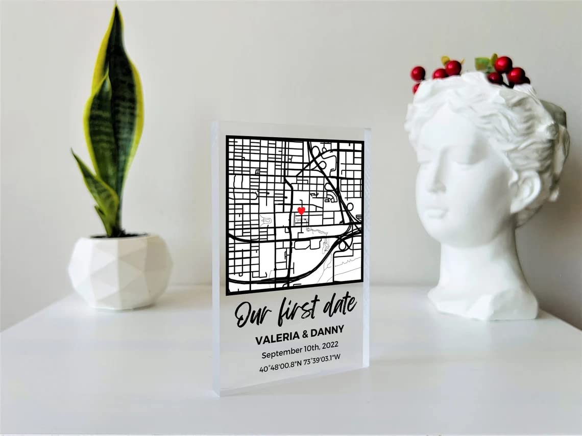 Our First Date Valentines Day Map Plaque - Couple Map, Gift for Her, Acrylic Plaque Couple Gift, Custom Locaiton, Valentines Day Gift, Couples Gift, Gifts for Wife and Husband
