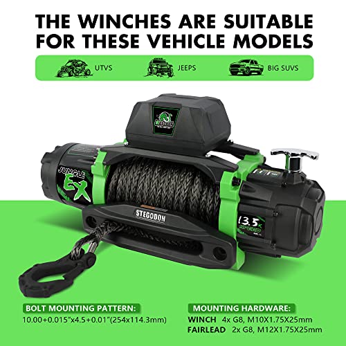 STEGODON Winch 13500 lb. Electric Winch Synthetic Rope Winch,12V Power Waterproof Winch with 2 in 1 Wireless Remote for Towing Jeep Truck Off Road (Jungle EX)