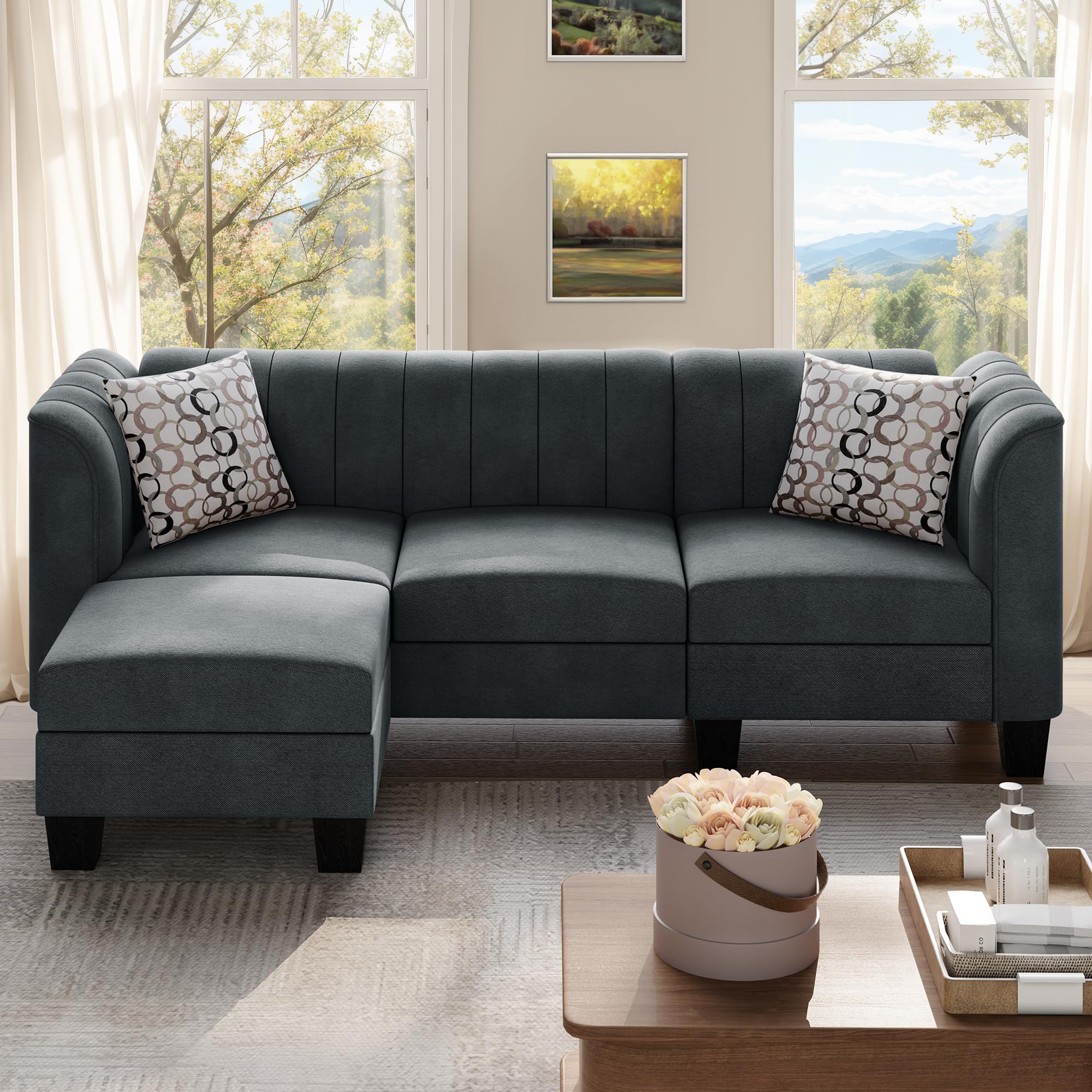 Shintenchi Upgraded Convertible Sectional Sofa Couch, 3 Seat L Shaped Sofa with High Armrest Linen Mid Century Fabric Small Couch for Living Room, Apartment and Office (Charcoal)