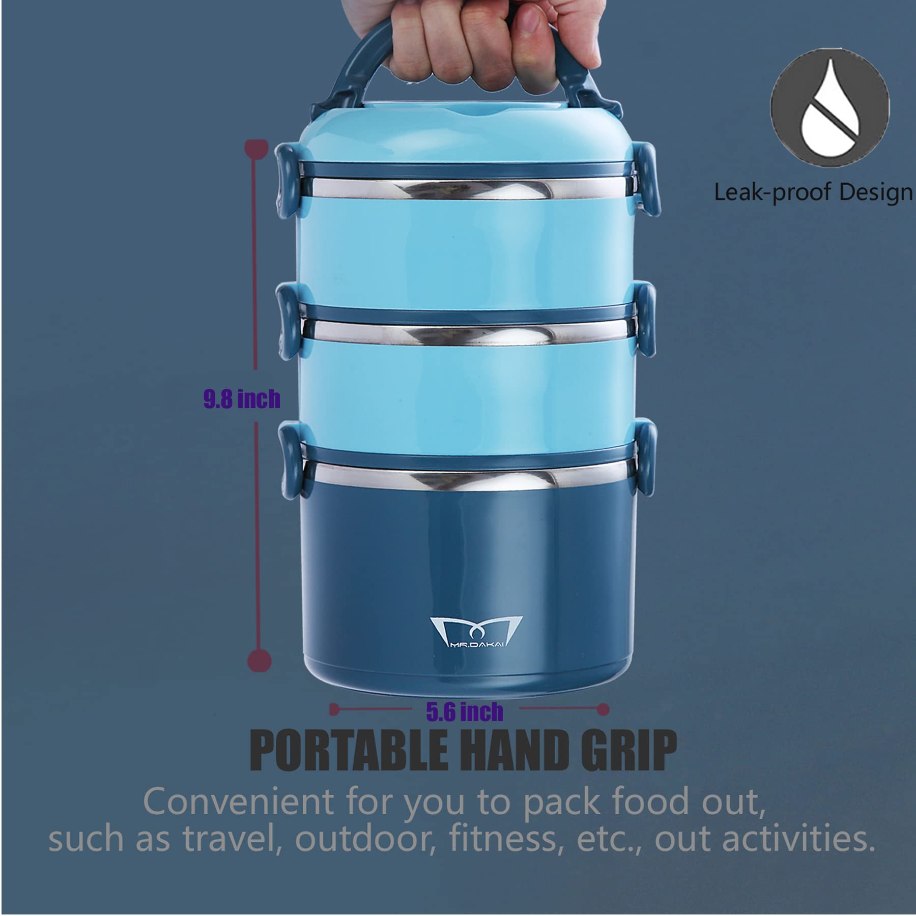 Mr.Dakai Bento Box Adult Lunch Box -81oz Stackable Bento Lunch Box for Adults,3-Tier All-in-One Insulated Thermal Food Containers,Leakproof Lunchbox with Bag/Utensil for Dining Out,Work,Blue
