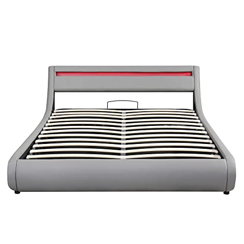 Prohon Queen Size Platform Bed with LED & Hydraulic Storage System, Upholstered Bed Frame Faux Leather with Headboard, No Box Spring Needed, Bedframes for Kids, Teen & Adults, Grey