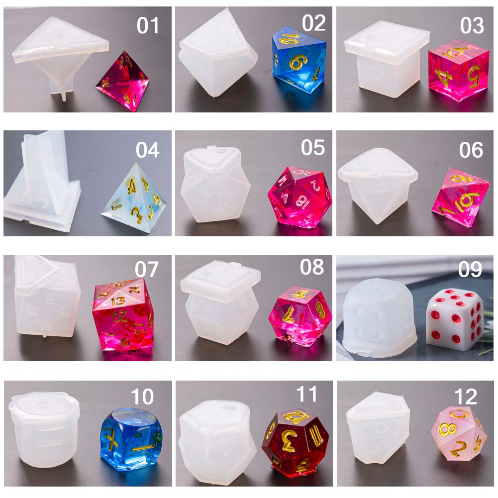 Juanya Dice Molds for Resin, 19 Styles Polyhedral Game Silicone Resin Dice Molds with Mixing Sticks, Finger Cots, Cups, Droppers and Acrylic Paints for Resin Lovers Table Games DIY Making