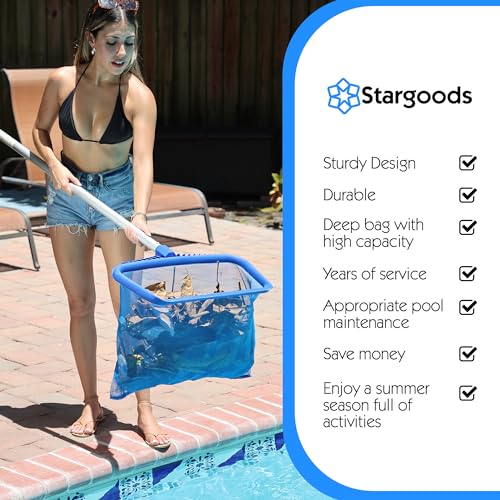 Pool Skimmer Net, Heavy Duty Leaf Rake Cleaning Tool, Fine Mesh Net Bag Catcher