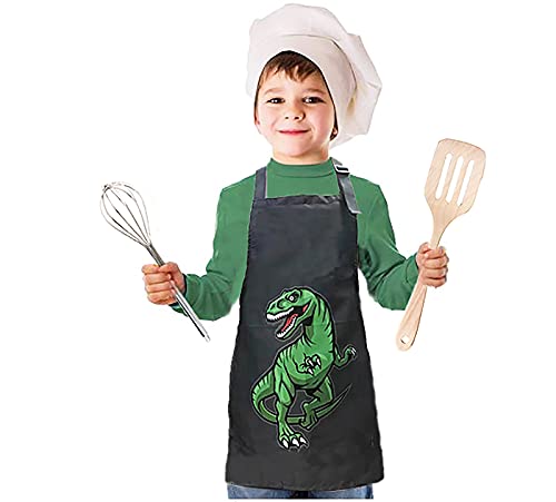 MRYUWB Kids Boys Dinosaur Apron, Girls Aprons for Cooking, Painting, Kitchen Chef Apron for Children 3-12 Years (Black & Green Dinosaur, Large (6-12 Years))