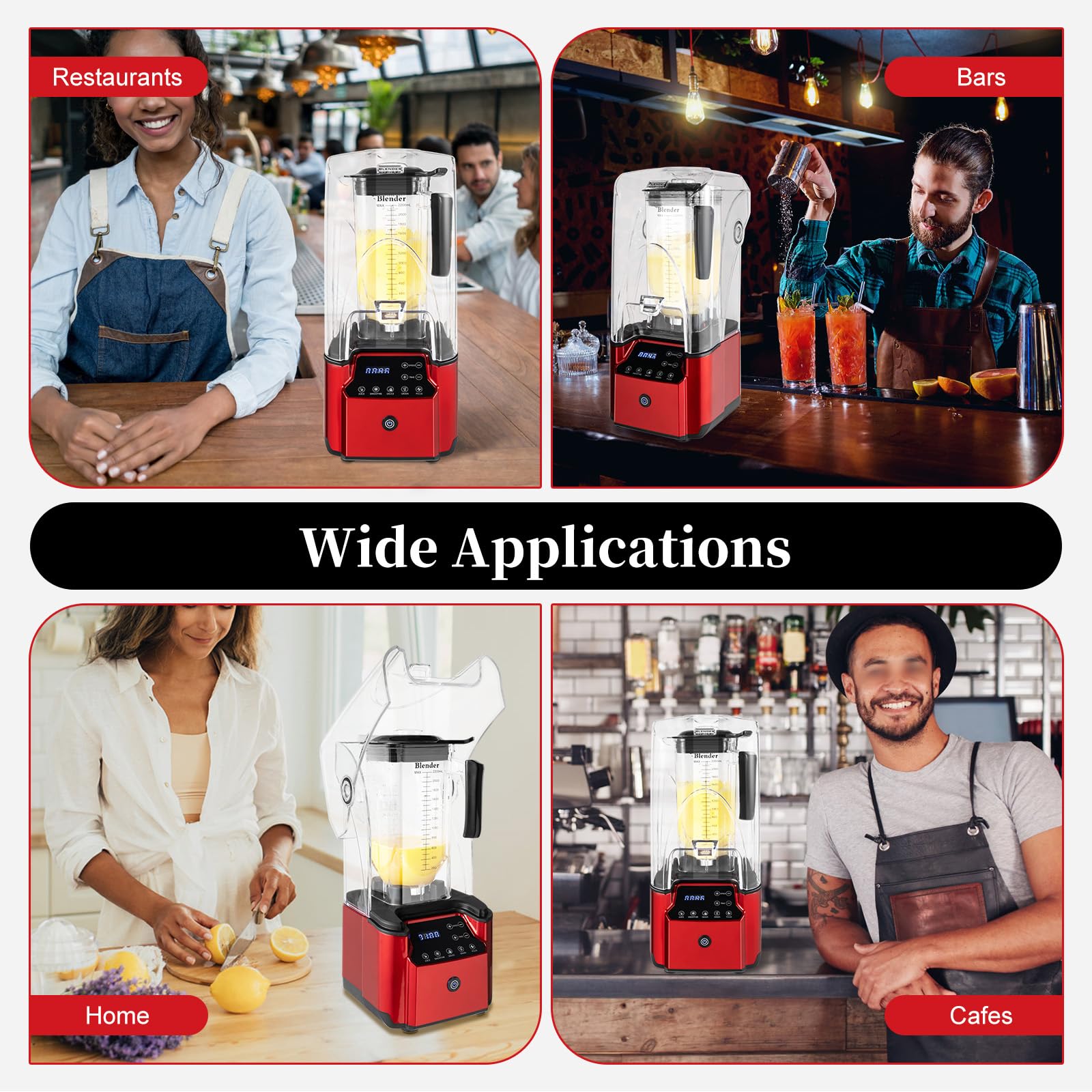 YUNLAIGOTOP Quiet Commercial Blender, 2200W Soundproof Cover Blender, Fruit Juice Smoothie Maker with Smart Touch Screen, High-Speed Blenders for Restaurants, Hotels, Homes, Parties (2.2L, Red)