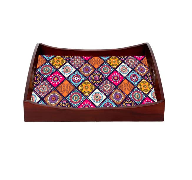 Mandala Printed Wood Serving Tray with Handles, Wooden Serving Tray, Snack Tray, Breakfast Tray, Great for, Breakfast, Coffee Tables, Homes, Restaurant Size- 15" x 10" x 1.75"