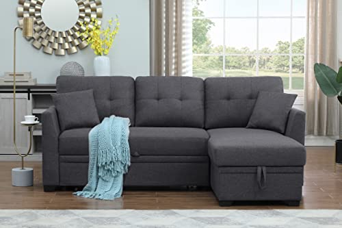 Payeel Sectional Sofa with Pull-Out Bed and Storage Chaise Lounge 81.5" Reversible Furniture Contemporary L-Shaped Fabric Sleeper Sofa for Living Room (Dark Gray)