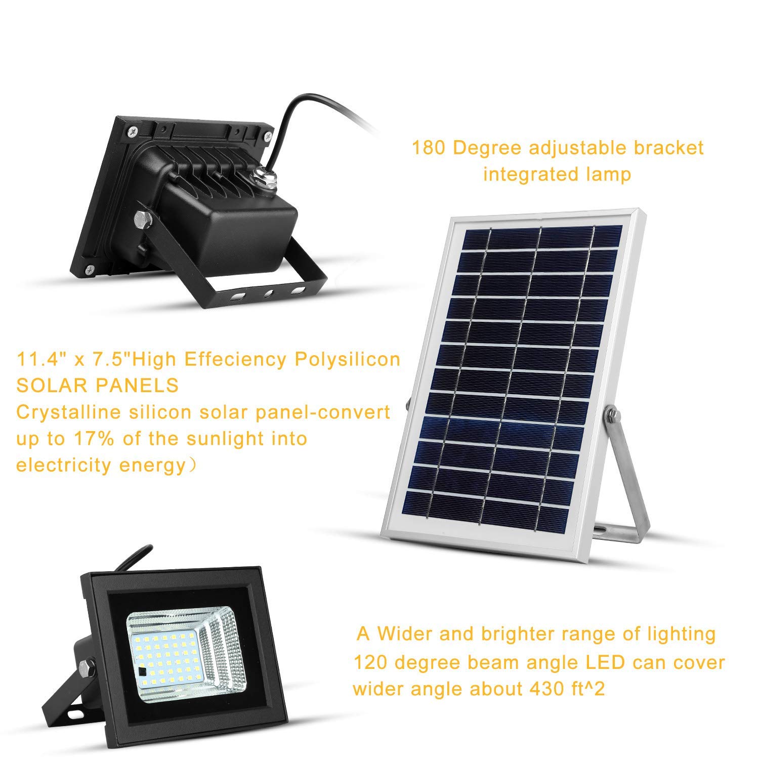 Richarm Solar Flood Lights Outdoor Remote,Dual 42 LEDs 6500K Lights Dusk to Dawn Solar Security Lights,16.4ft Separated Cables IP65 Waterproof Solar Lights for Barn,Pool,Garage