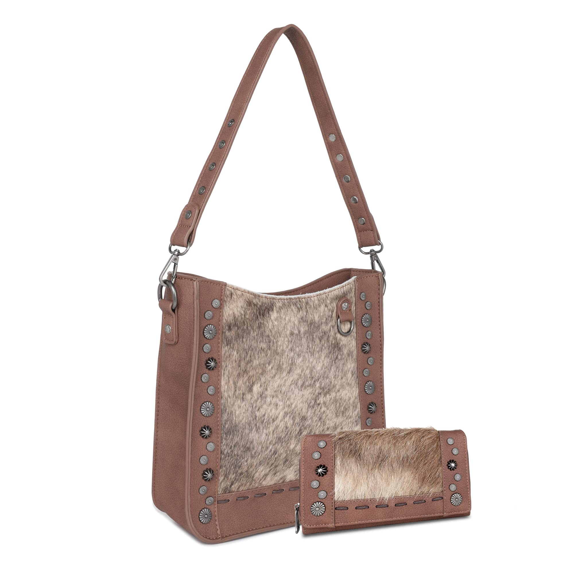 Montana West Trinity Ranch Ranch Hair-On Studs Concealed Carry Hobo for Women Western Shoulder bag with Wallet TR140G-921BR+W