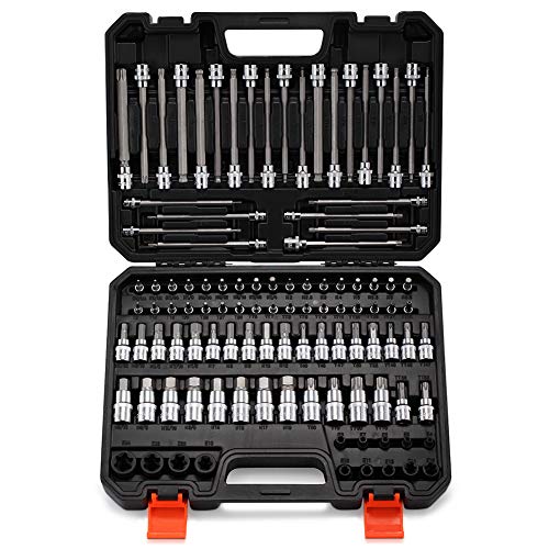 RIMKOLO 107-Piece Allen and Torx Bit Socket Set, 1/4", 3/8" and 1/2" Drive Hex/Ball End Hex/Torx/Extra Long Torx/Tamper Proof Torx SAE & Metric Bit Set