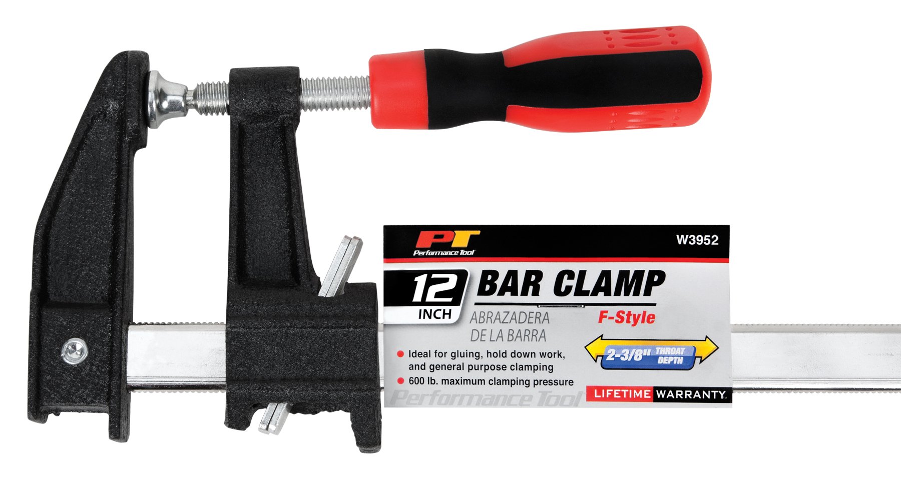 Performance Tool W3952 12-Inch Bar Clamp with F-Style Clutch, Zinc Finished Rail, Rubber Comfort Grip Handle and 600 lb Maximum Clamping Pressure