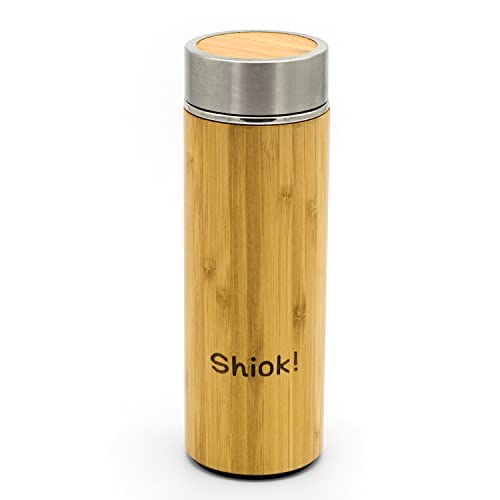 Shiok! Premium Bamboo Tea Tumbler with Strainer. 12 Oz Capacity Stainless Steel Thermos. Durable Double Walled Vacuum Insulated Travel Mug with filter- Keeps Hot & Cold up to 12hrs