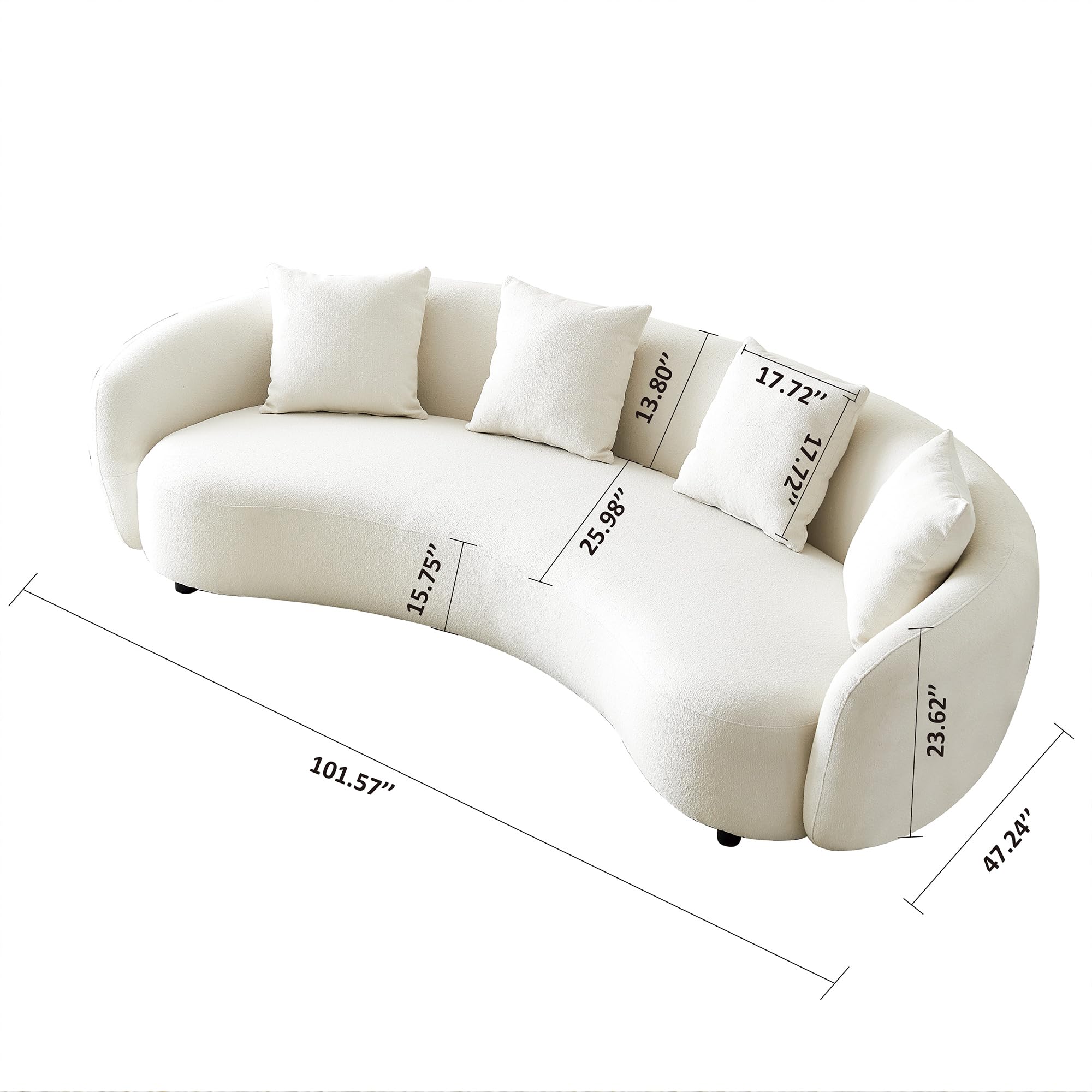 VnndeNest 101'' Sofa Couch, Modern Curved Half Moon Sectional Sofa, Teddy Fleece Boucle 5-Seat Sofa Couch with 4 Throw Pillows, Luxury Comfy Sofa for Living Room, Bedroom, Office, Apartment, Beige