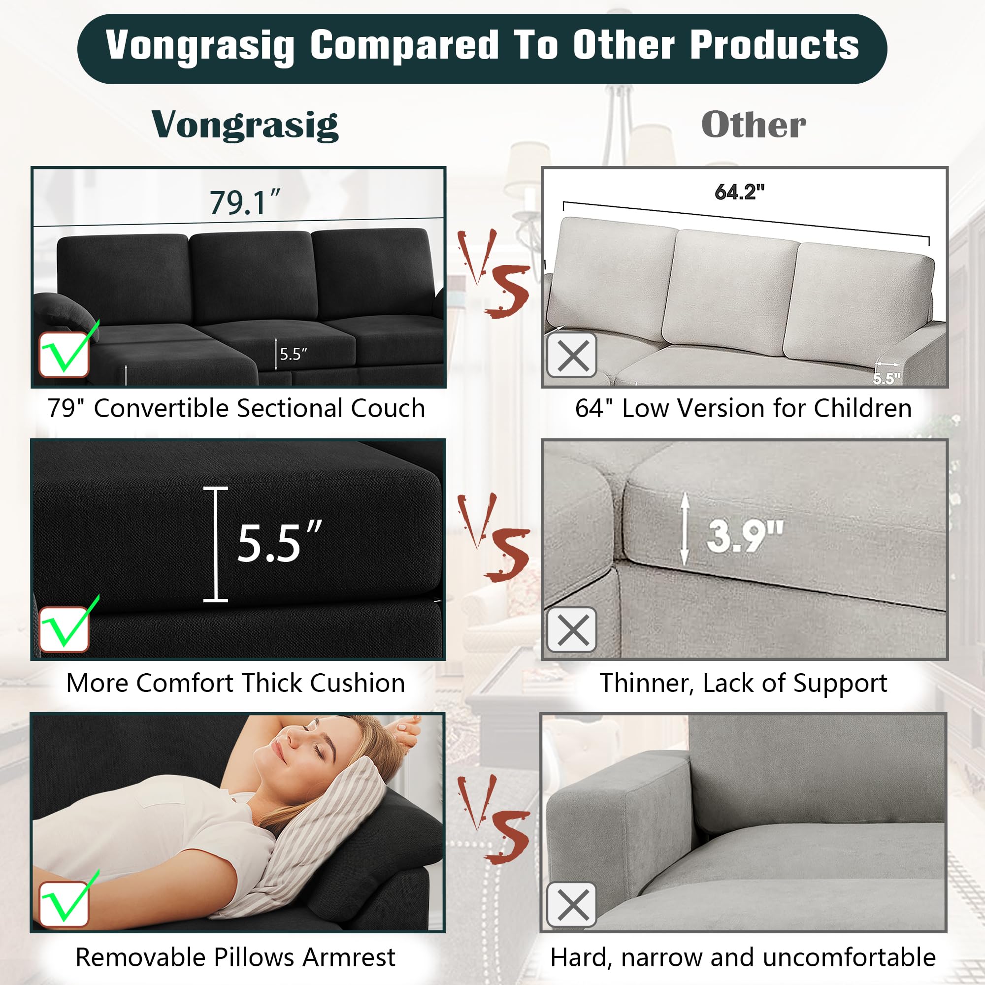 Vongrasig 79" Convertible Sectional Couch, 3 Seat L Shaped Sofa with Removable Pillows Linen Fabric Small Couch Mid Century for Living Room, Apartment and Office (Black)