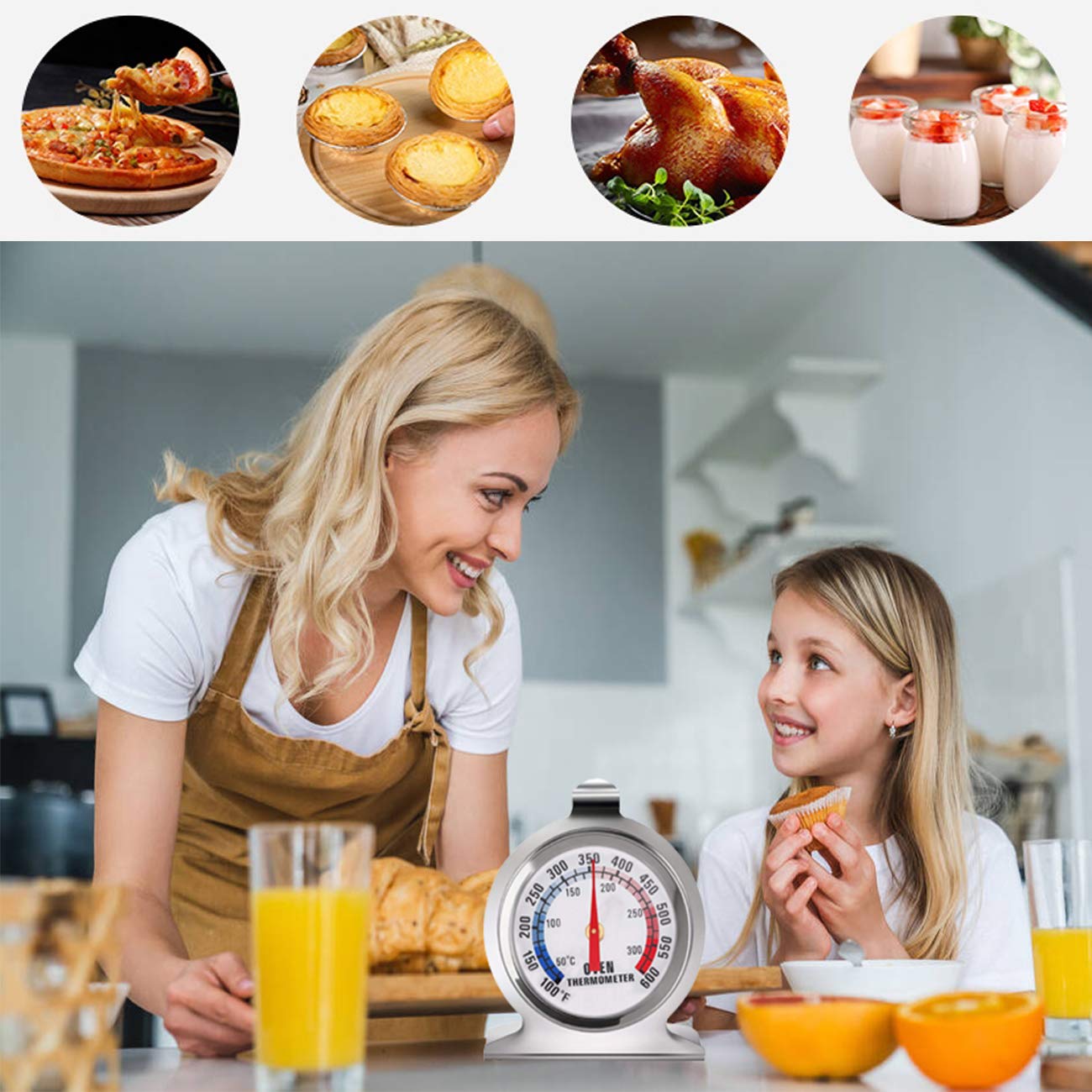 Oven Thermometer Oven Grill Fry Chef Smoker Thermometer Instant Read Stainless Steel Thermometer Kitchen Cooking Thermometer with Hook and Panel Base Hang For Kitchen Home Cooking Baking BBQ (2 Pack)