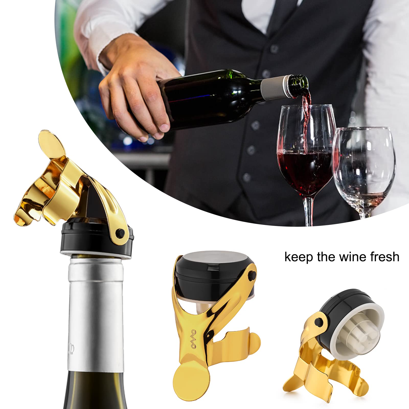 OWO Wine stoppers Stainless Steel Wine Saver Plug with Silicone Wine Saver for all Standard Bottle Necks Leak proof Keep Fresh (Gold, 2 Pack)