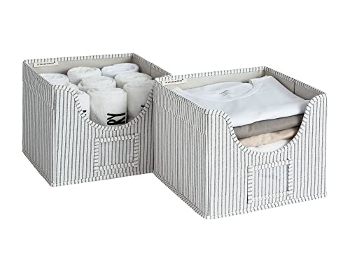 StorageWorks Closet Storage Bins, Open Front Cube Storage Bins with Cutout Window and 2 Handles, Foldable Fabric Clothes Organizer, Gray and White Stripes, 2-Pack