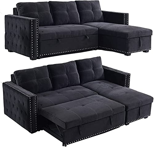 Sectional Sofa with Chaise, HABITRIO 91" L-Shape Loveseat Couch w/Roll-out Sleeper Bed, Reversible Storage Lounge, Black Velvet Upholstered Button Tufted Nailhead Trim Accent Furniture for Living Room