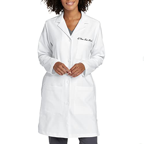 Personalized Embroidered Lab Coat for Women with Medical Specialty ICON & Your Name or Text, 13 Thread Colors - Custom Embroidered Women's Laboratory Coats w/ 3 Pockets & Long Sleeve, White - Medium