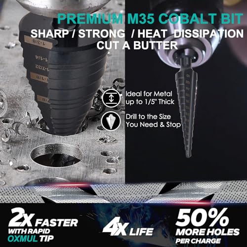 OXMUL Step Drill Bits for Metal, 1/8 to 1/2, Cobalt Bit, Heavy Duty for Stainless Steel,Metal, Aluminum, Wood, Copper, Wood, 13-Steps. #202