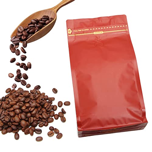 Red Color Coffee Bags with Valve, High Barrier Foil Coffee Package Pouches with Air Release Valve, Flat Bottom & Resealable Pull Tab Zipper, Matt Red (50, 16oz/1lb/500gm)