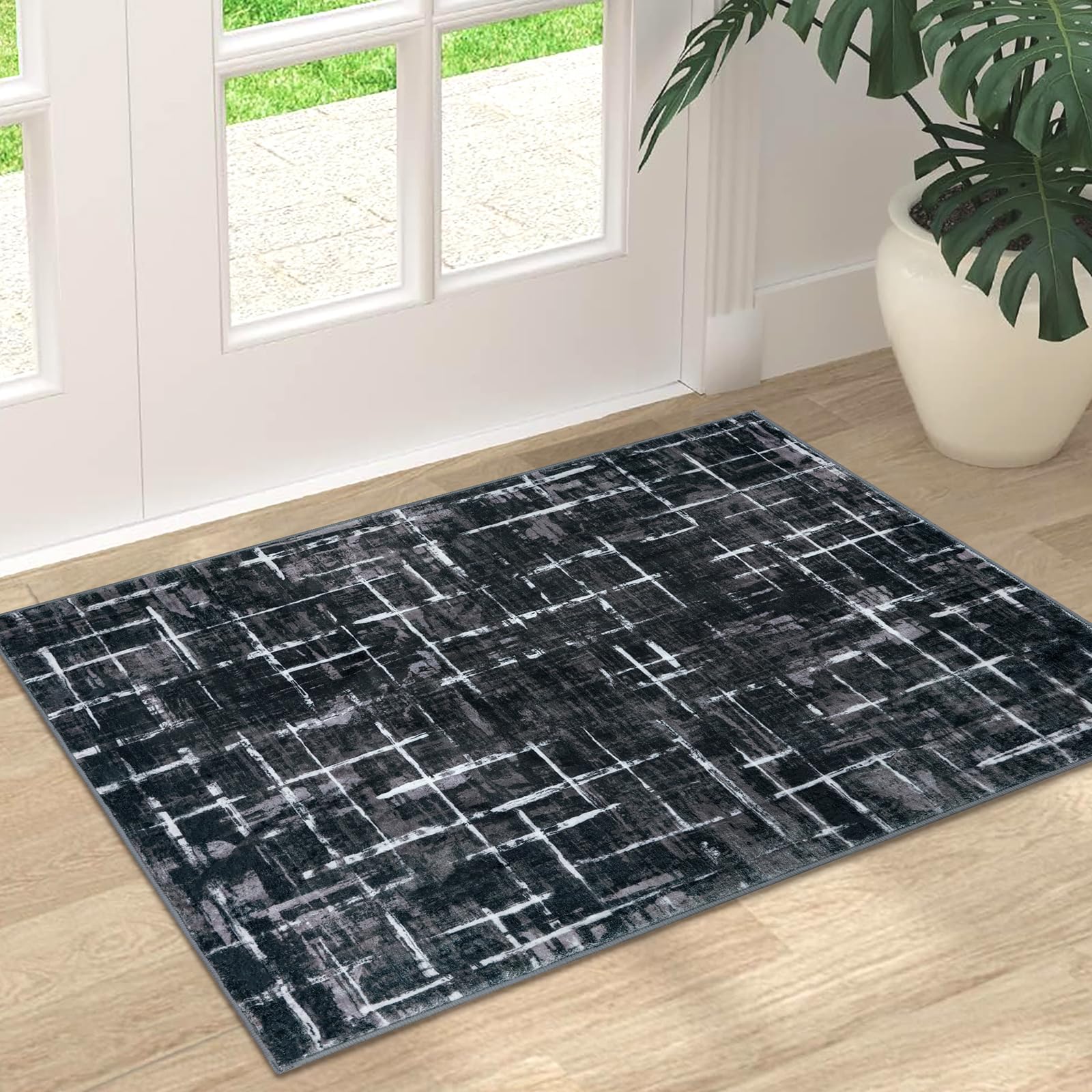 SILOLOOM Vintage Washable Rug 2x3, Charcoal Abstract Small Area Rugs for Entryway, Soft Non Slip Indoor Door Mat Throw Rugs, Low-Pile Printed Modern Carpet for Entrance, Kitchen, Farmhouse