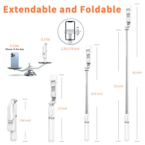 Selfie Stick with Fill Light, Tupwoon Extendable [42 Inch] Selfie Stick with Detachable Remote, Portable Phone Tripod Stand, Compatible with iPhone 14/13/12/11, Samsung Google Smartphones
