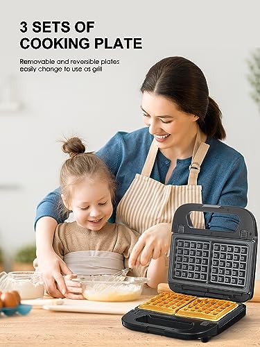 Reemix 3-in-1 Waffle, Grill & Sandwich Maker, Panini Press Grill and Waffle Iron Set with Removable Non-Stick Plates, Perfect for Cooking Grilled Cheese, Tuna Melts, Burgers, Steaks and Snacks, Black (3 in1 Sandwich Maker With Plastic Handle)
