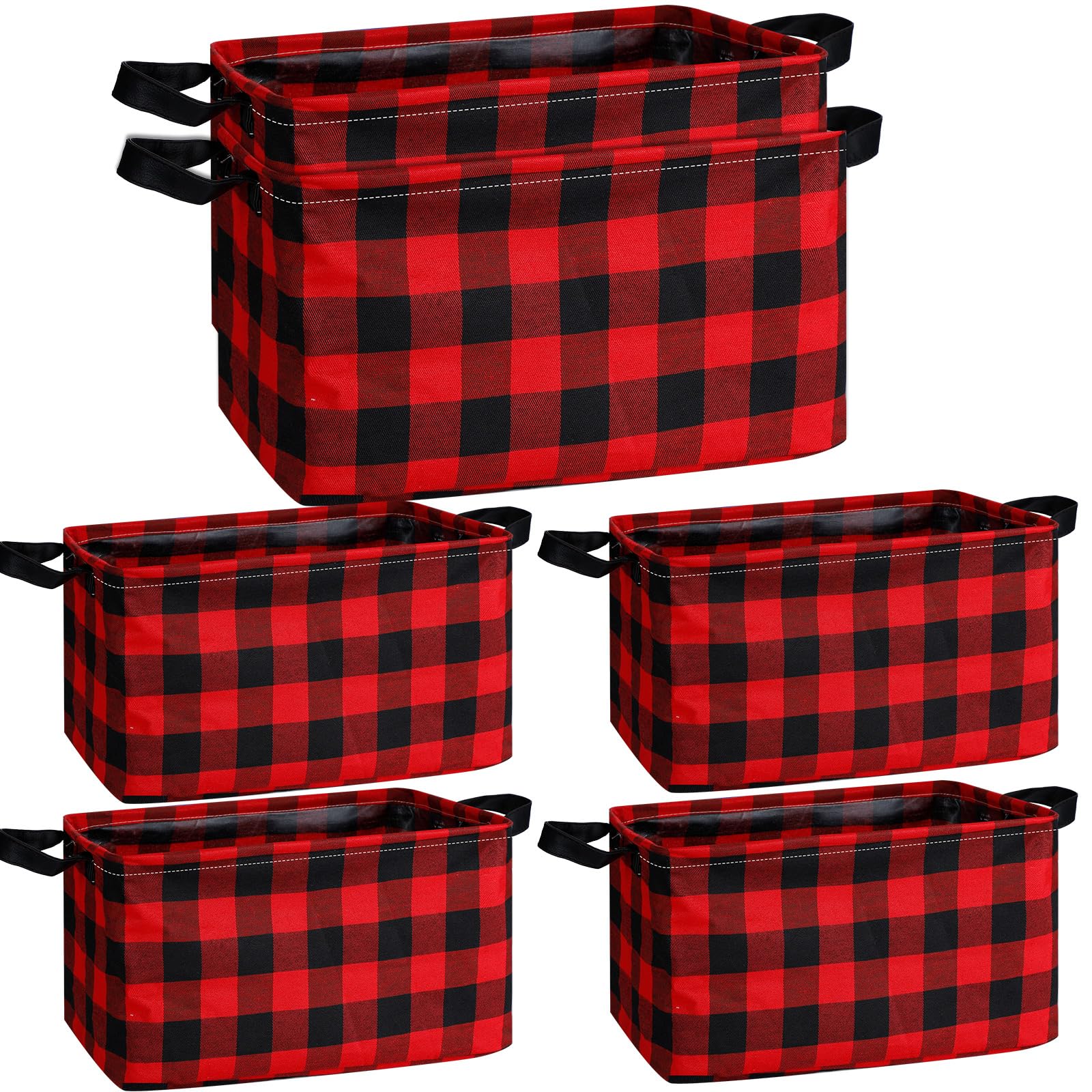 Ziliny 10 Pcs Buffalo Plaid Basket Collapsible Basket with Handles Large Storage Basket Checkered Empty Gift Baskets Home Organizer Containers Storage Bins, 14 x 10 x 8 Inch(Red and Black)