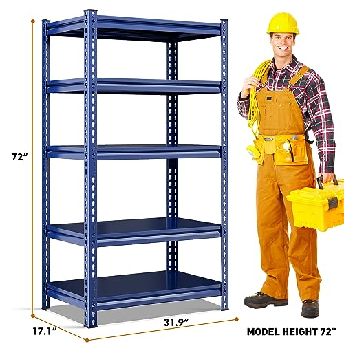 REIBII 72" Garage Shelving Heavy Duty Garage Storage Shelves Load 1700LBS Adjustable Heavy Duty Shelving 5 Tier Metal Shelving for Storage Industrial Shelving 31.9" W x 17.1" D x 72" H Blue