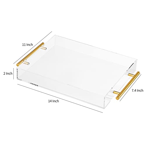 MUKEEN Clear Acrylic Serving Tray with Metal Handles -Spill Proof- Decorative Countertop Organizer for Ottoman Coffee Table Nightstand, sidetable, Breakfast, Tea, Food, Butler (11x14 Inch, Clear)